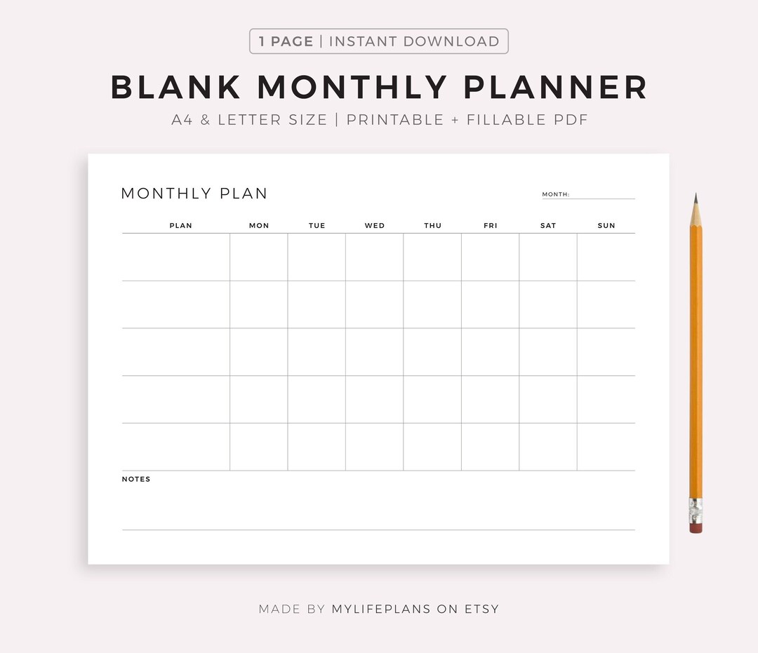 Undated Monthly Planner Printable Landscape, Monthly Agenda, Monthly ...