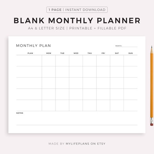 Monthly Printable Undated Minimal Planner A4 US Letter Size - Etsy