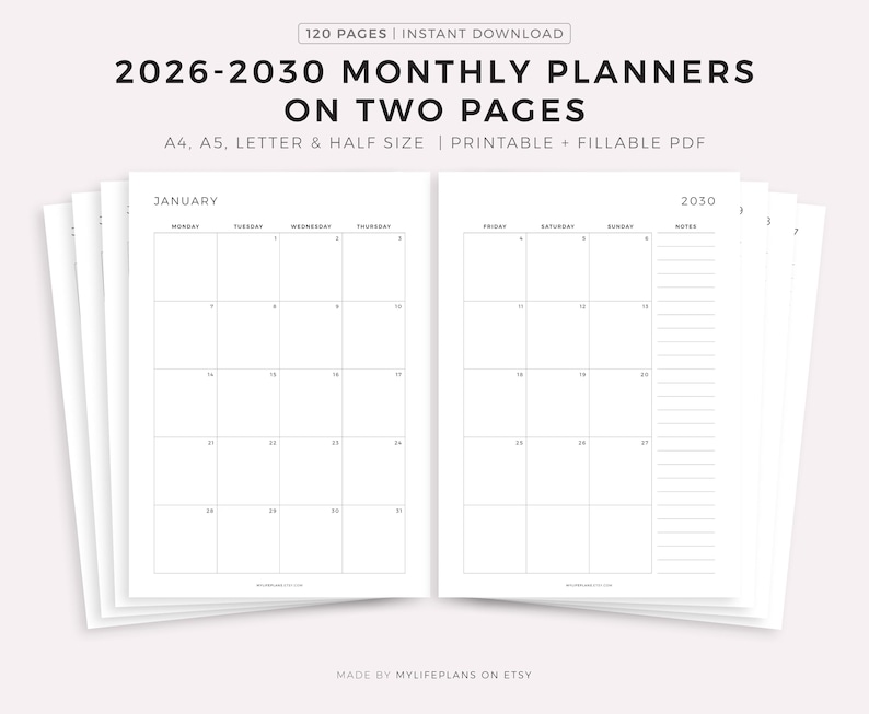 2026-2030 Monthly Planner Printable, Dated Month on 2 Pages, 2024 ...