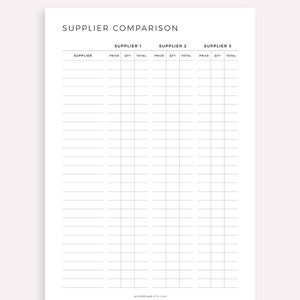 Supplier Comparison Sheet Printable & Fillable, Compare Suppliers for ...