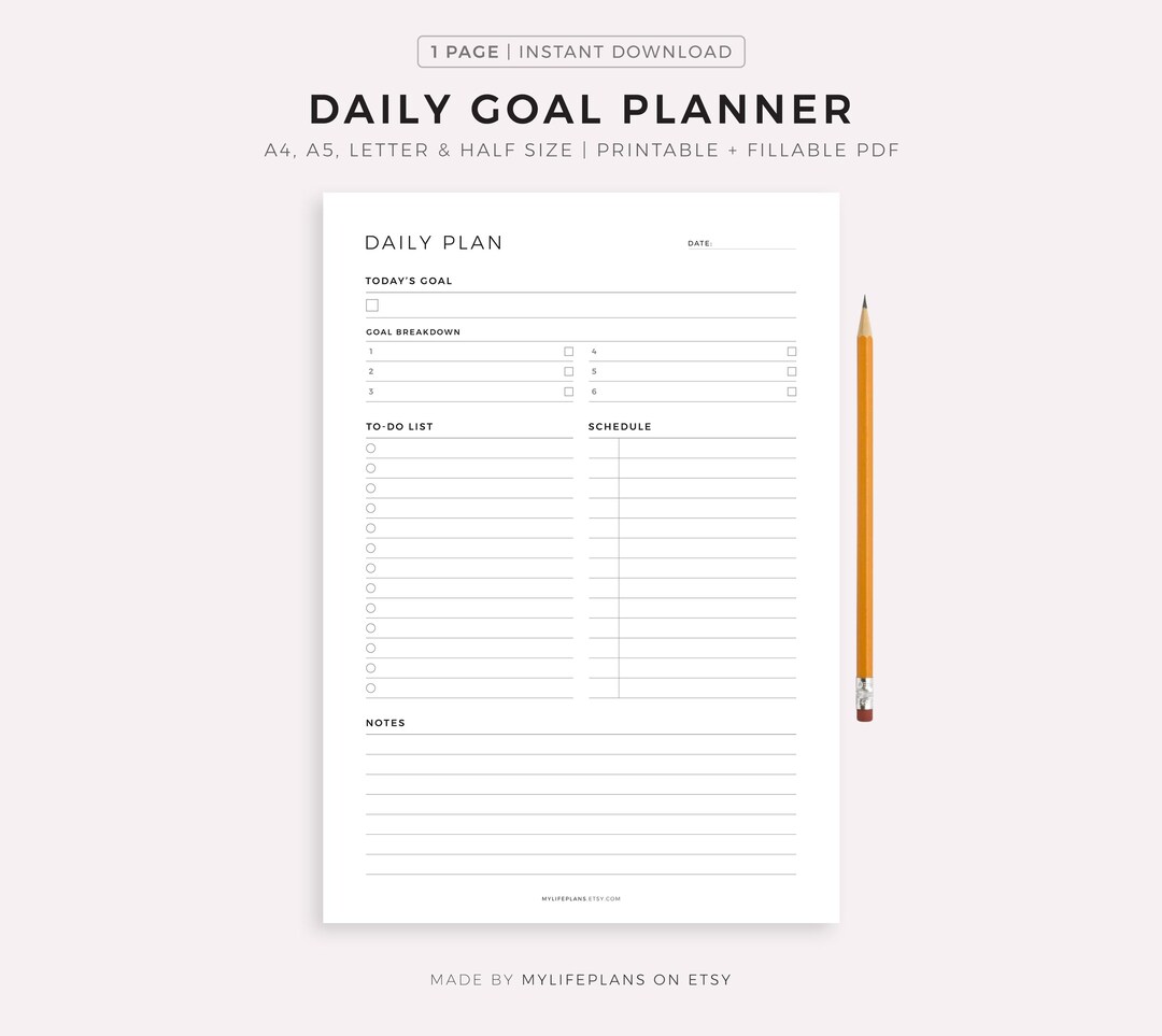 Daily Goal Planner, Daily to Do List Printable, Daily Planner Inserts ...