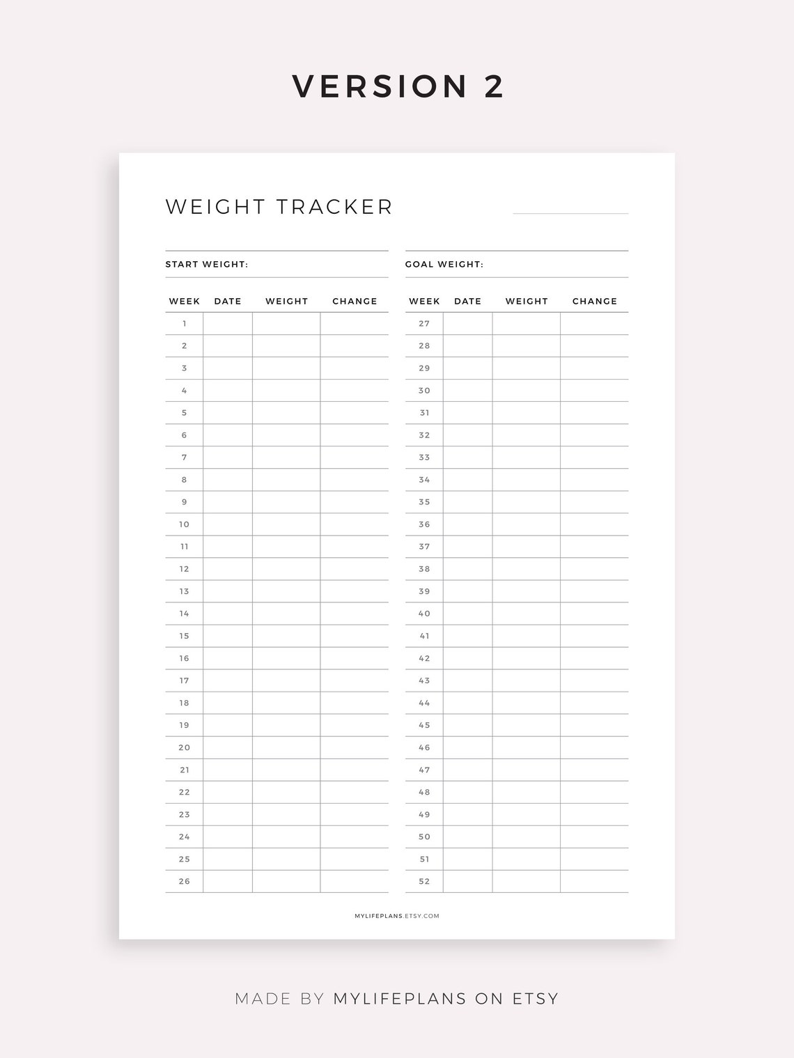 52 Week Weight Tracker Printable & Fillable Weight Loss - Etsy
