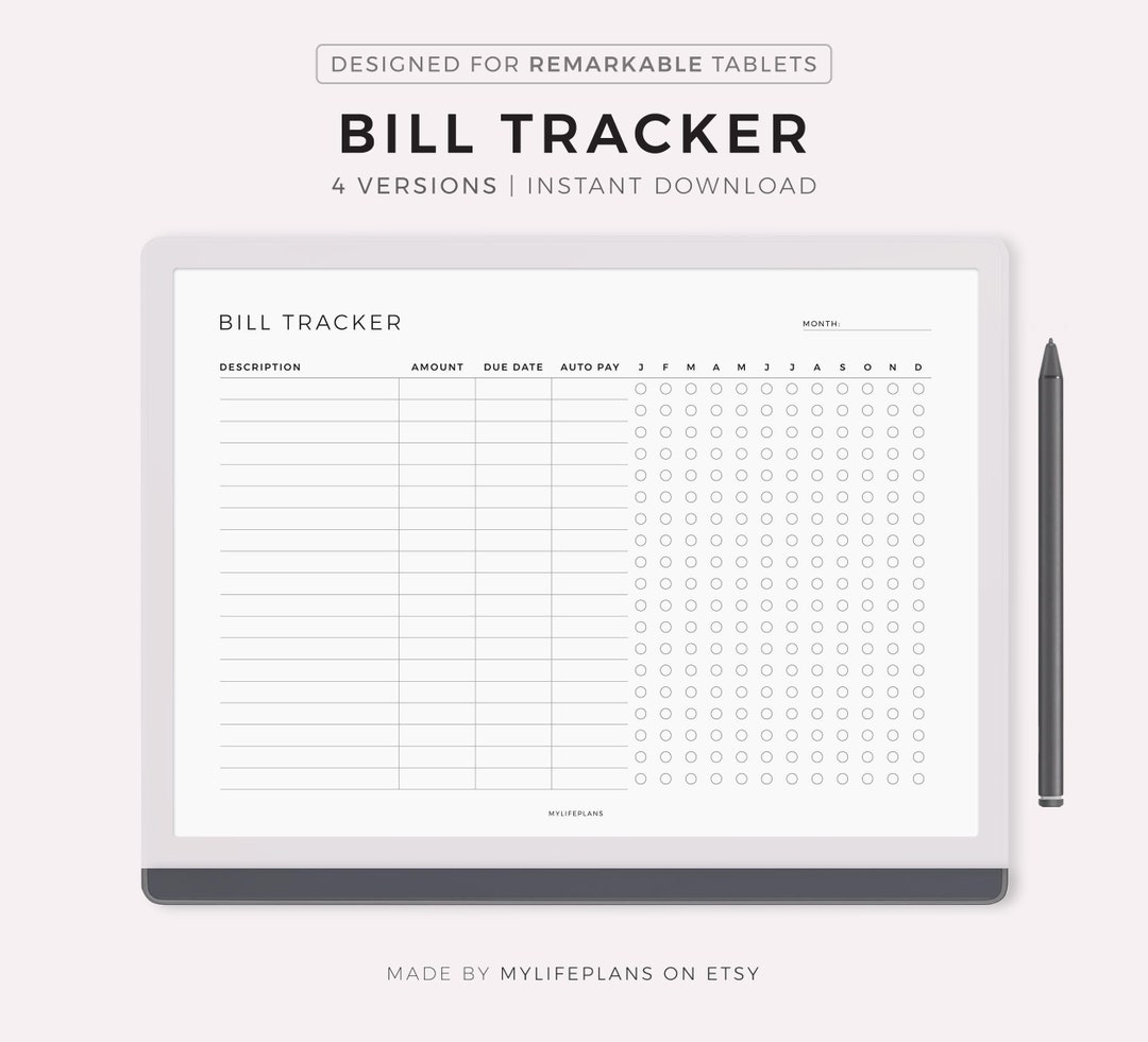 Bill Tracker Template for Remarkable 2, Landscape, Bill Organizer ...