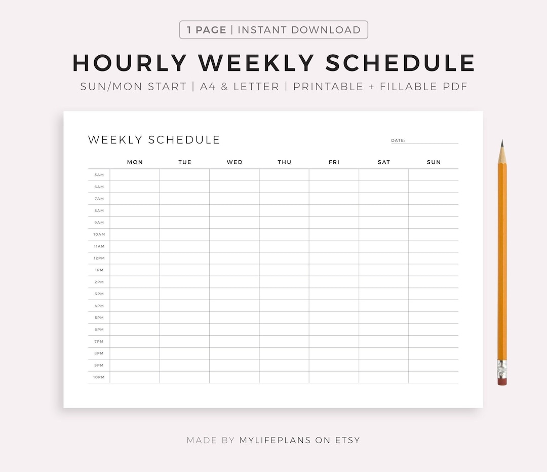 Hourly Weekly Schedule Landscape, Printable Weekly Planner, Week at a ...