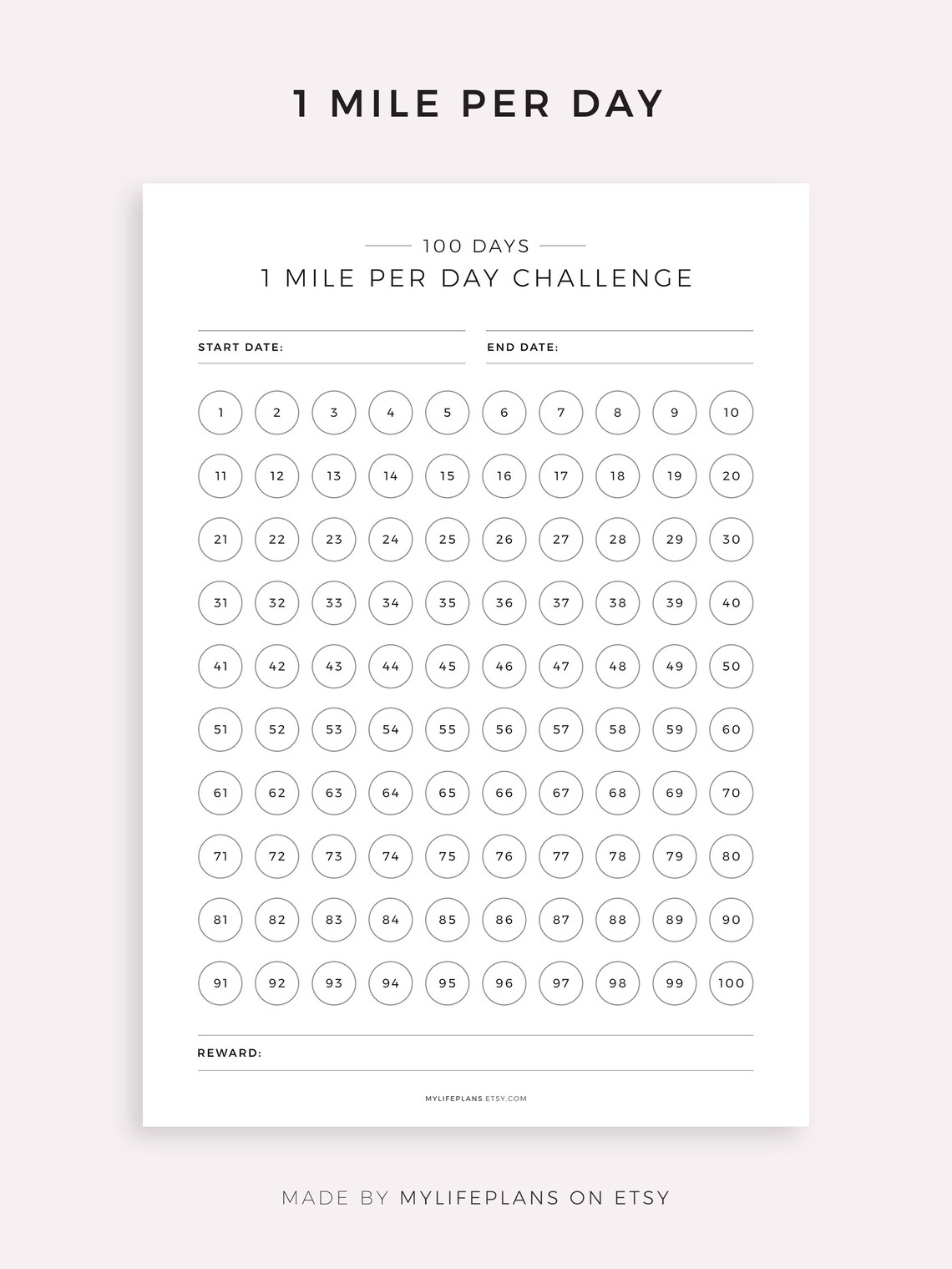 100 Day Running or Walking Challenge Printable, Daily Workout Challenge ...