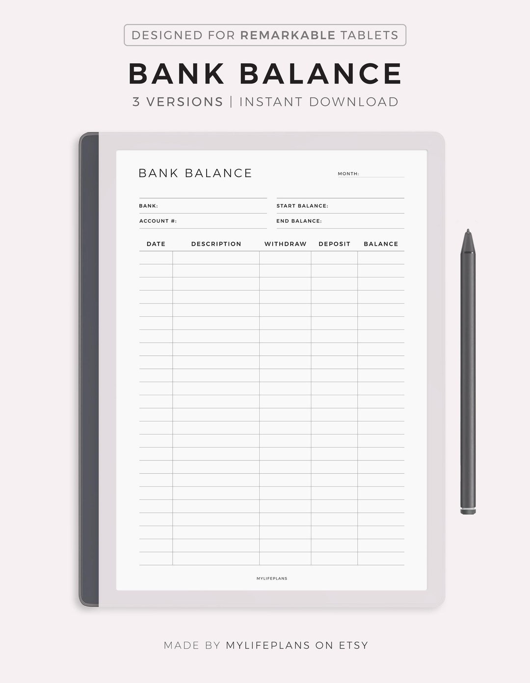 Bank Balance Template for Remarkable 2, Bank Account Transactions ...