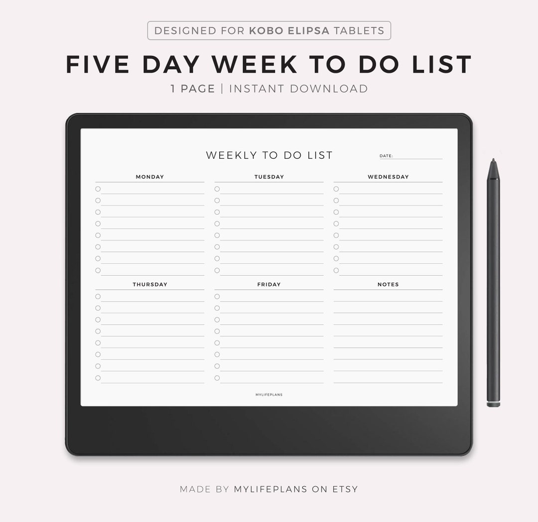 Five Day Week to Do List Landscape, Weekly Task List, Week at a Glance ...