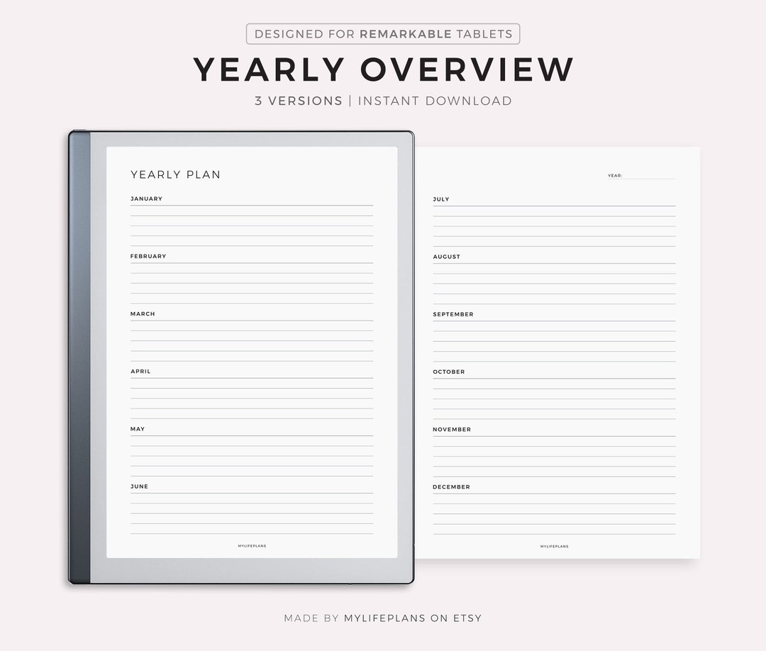 Yearly Overview Remarkable 2 Template, Two Page Yearly Planner, Year at ...