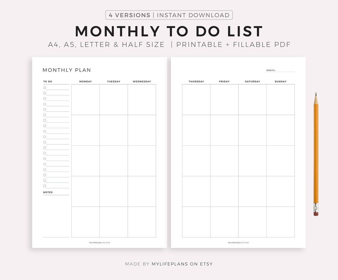 Monthly to Do List on Two Pages, Productivity Monthly Planner Printable ...