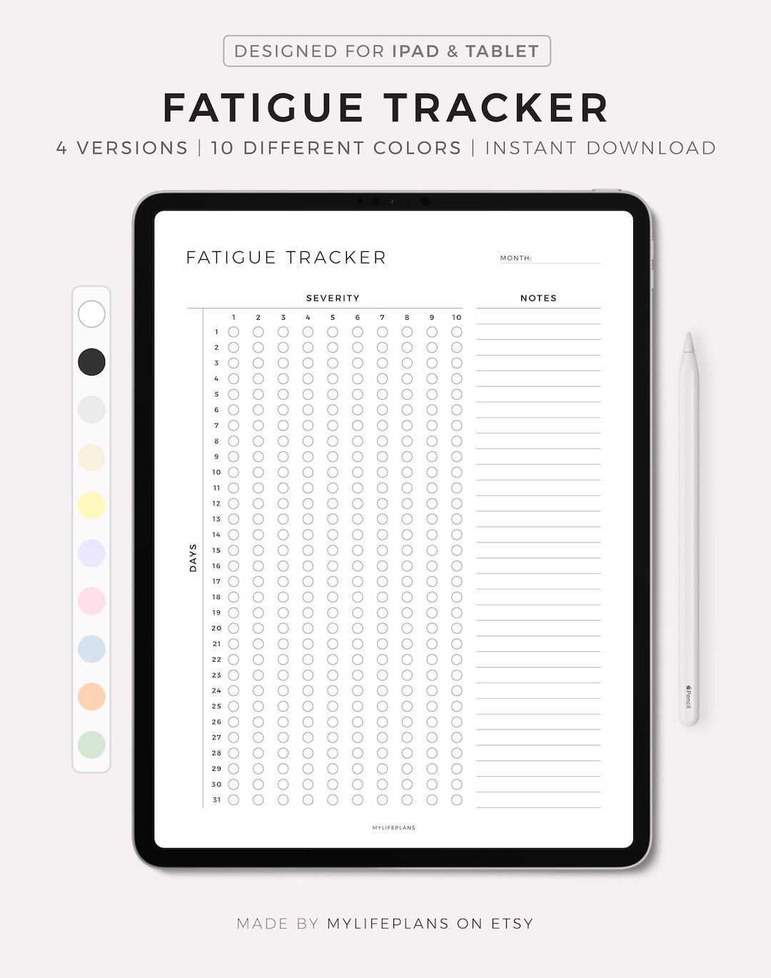 Monthly Fatigue Tracker, Track Daily Fatigue Severity, Health Tracker ...