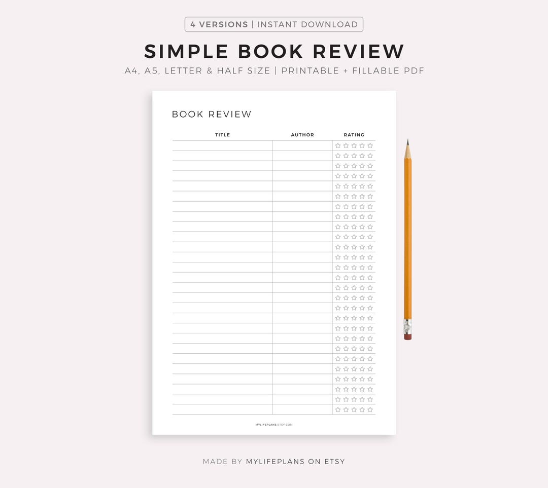 Simple Book Review Template Printable, Book Log and Review, Book Rating ...