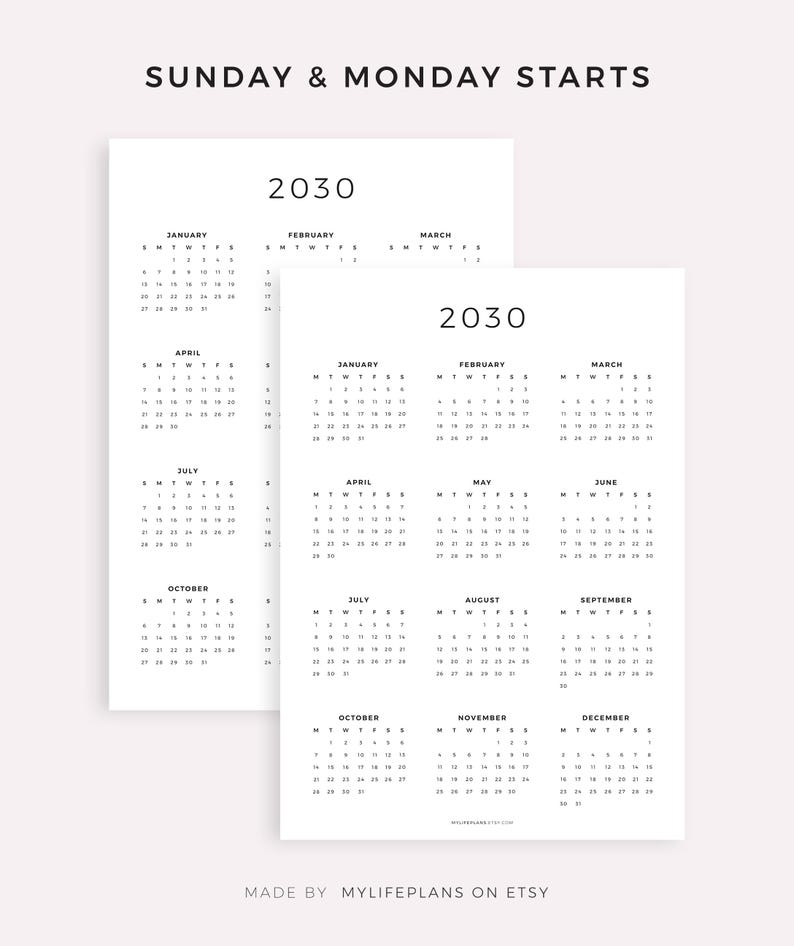 2030 Year Calendar Printable, Yearly Wall Calendar, Desk Calendar ...