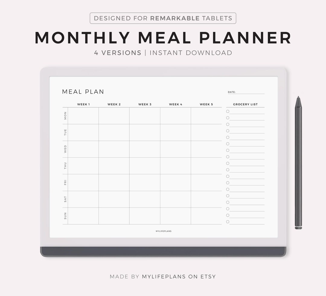 Monthly Meal Planner for Remarkable 2, Landscape, Instant Download - Etsy