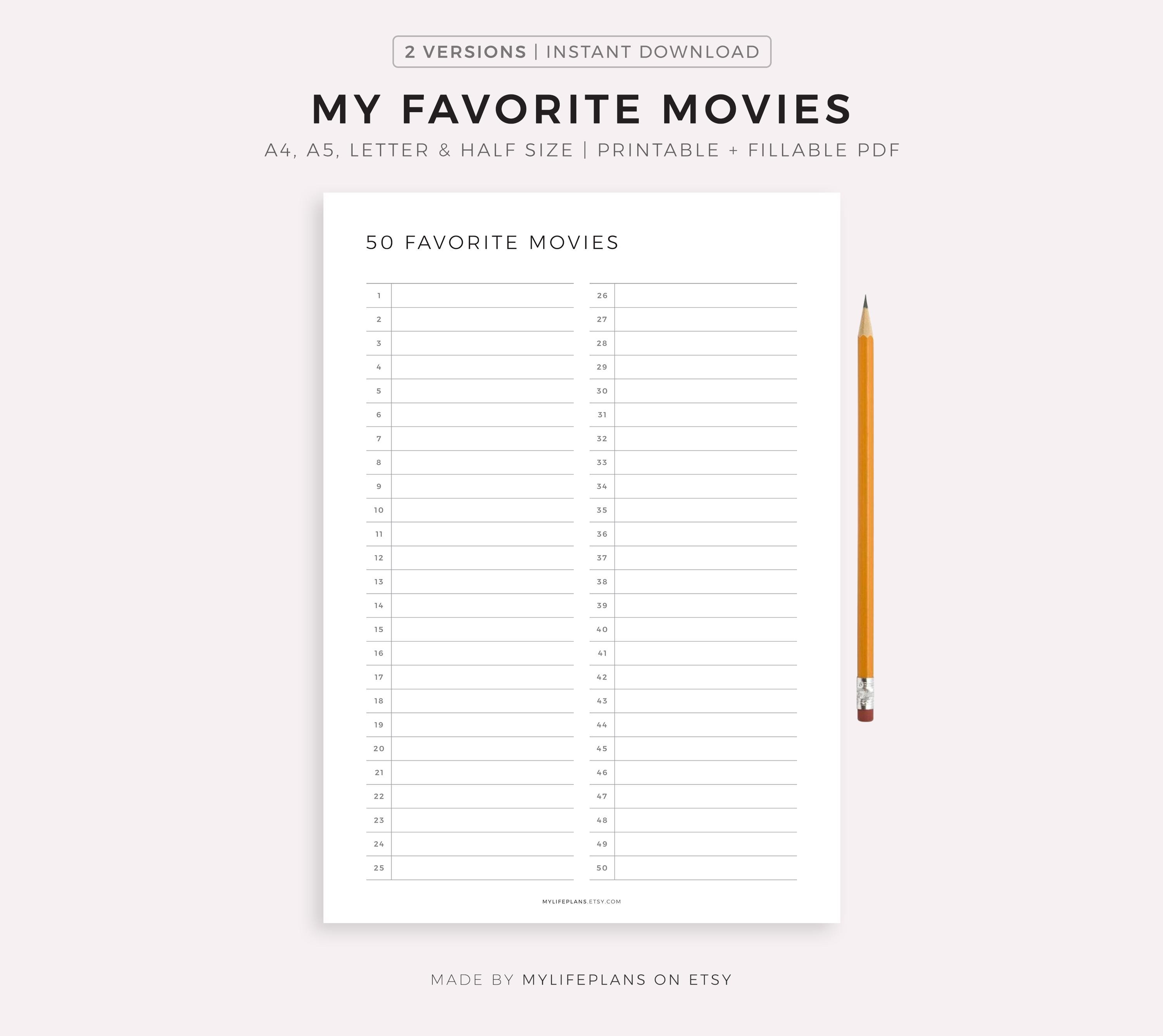My Favorite Movies List, Best Movies I've Watched, Movie Ranking, A4/a5 ...