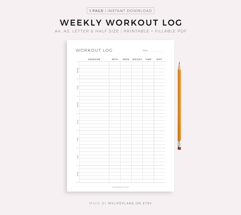 Weekly Workout Log Printable Template, Daily Workout Planner, Exercise ...