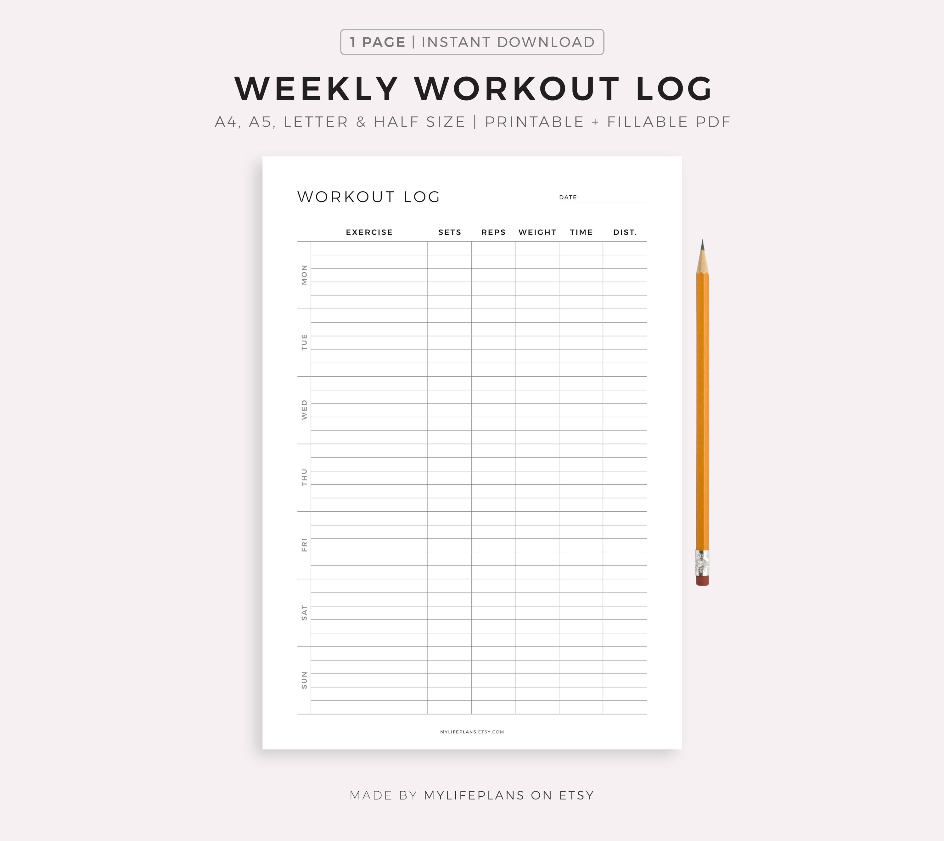 Weekly Workout Log Printable Template, Daily Workout Planner, Exercise ...