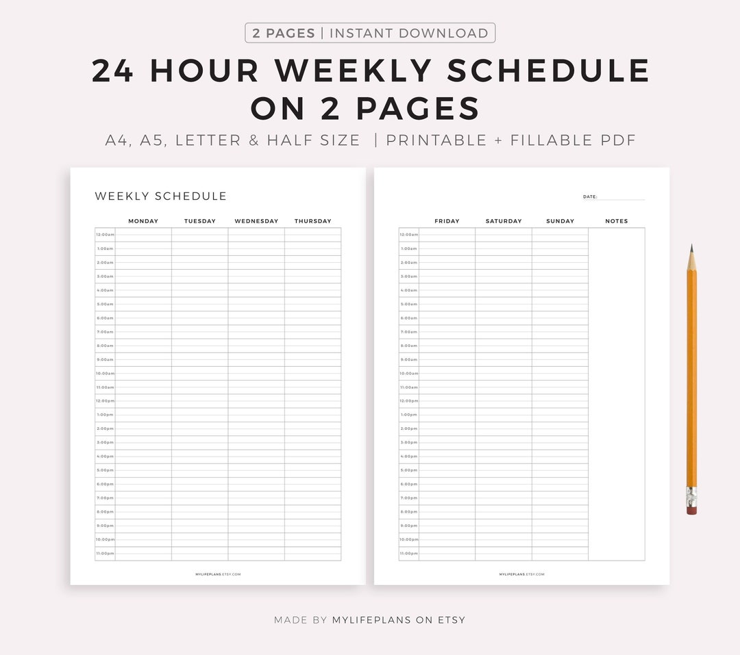 24 Hour Weekly Schedule on 2 Pages, Week at a Glance, Weekly Agenda ...