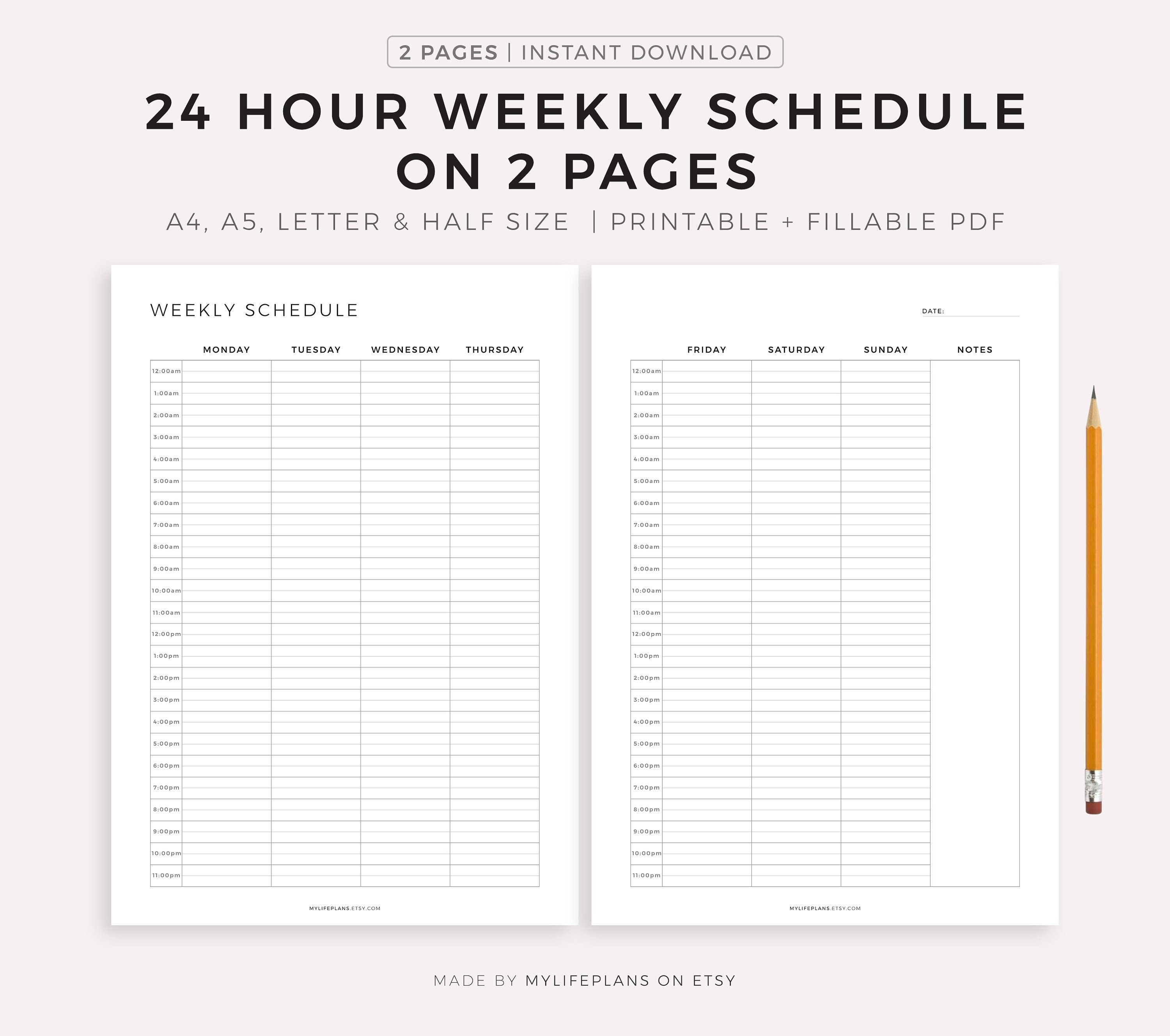 24 Hour Weekly Schedule On 2 Pages Week At A Glance Weekly Etsy