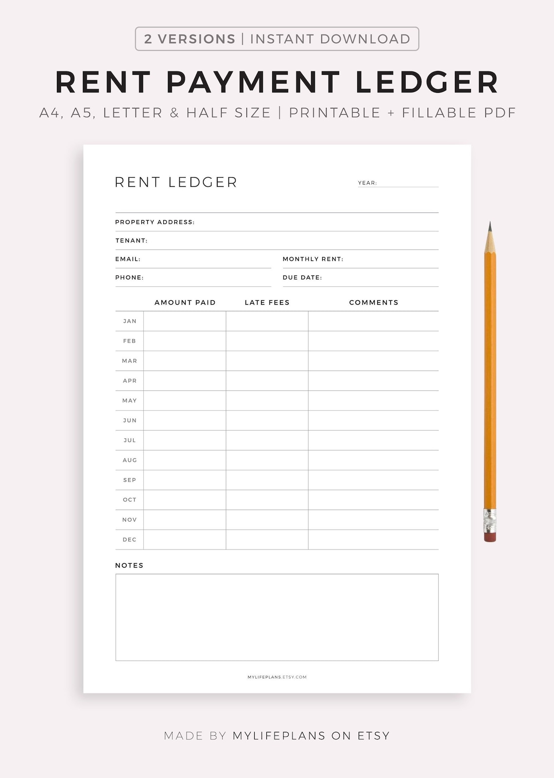 Rent Payment Ledger Printable Tenant Payment Tracker Monthly - Etsy
