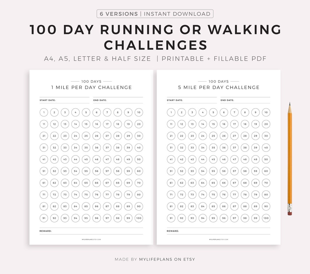 100 Day Running or Walking Challenge Printable, Daily Workout Challenge ...