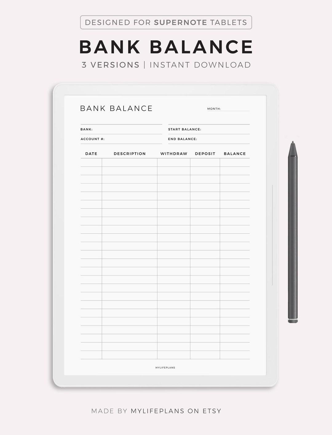 Bank Balance Template for Supernote A5X2/A5X/A5/A6X2/A6X/A6, Bank ...