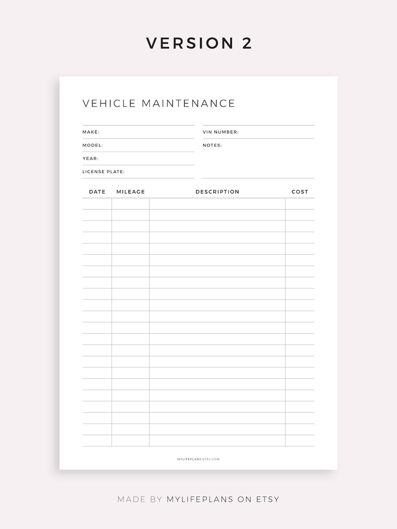 Vehicle Maintenance Log Book Vehicle Service Tracker Vehicle - Etsy