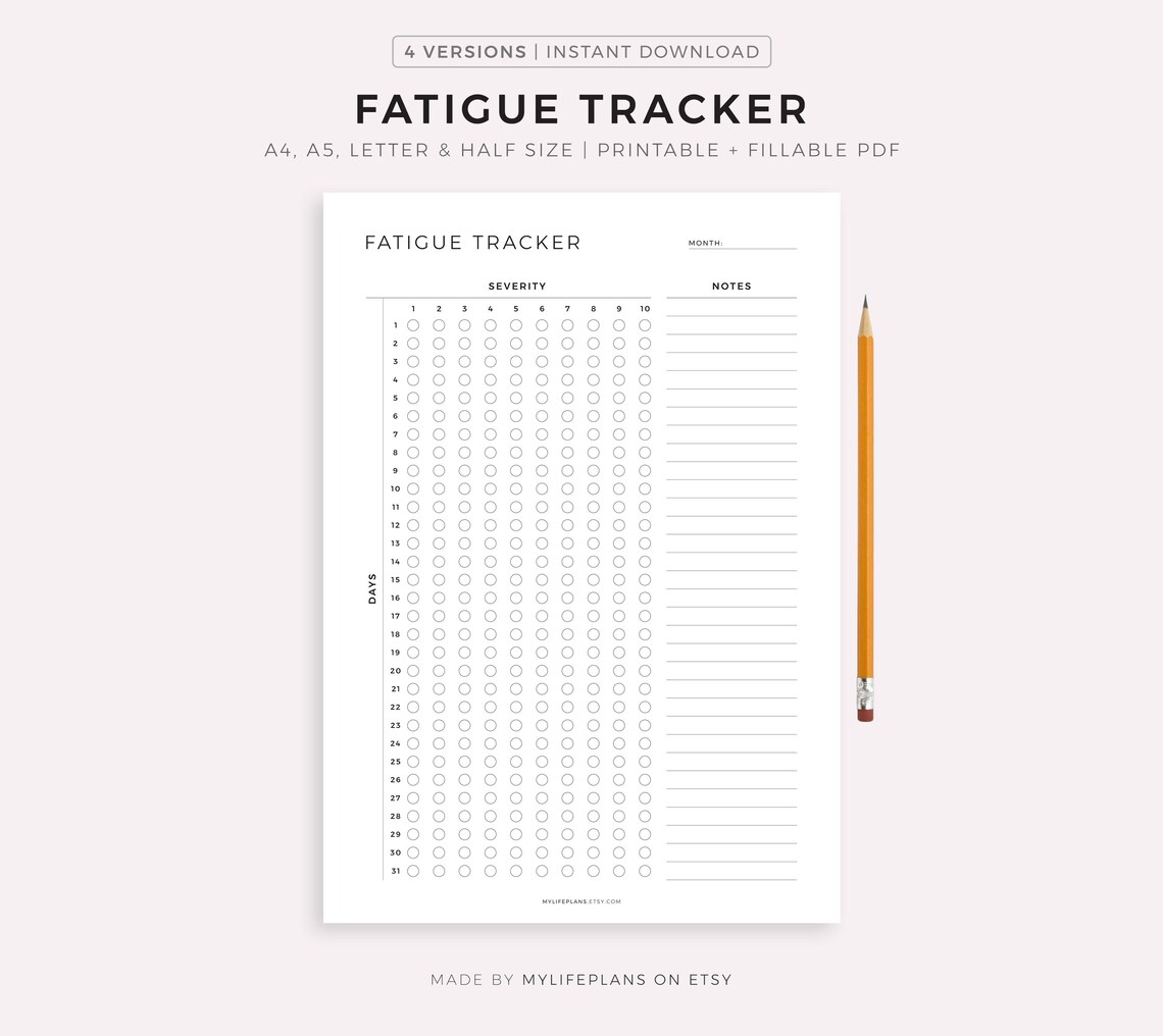 Monthly Fatigue Tracker Printable Template, Track Daily Fatigue ...