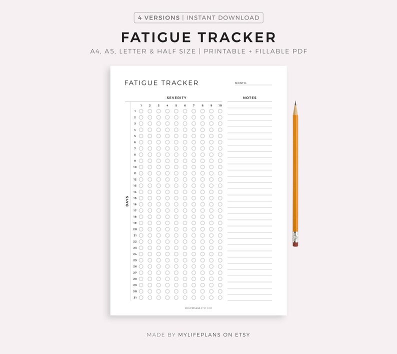 Monthly Fatigue Tracker Printable Template, Track Daily Fatigue ...