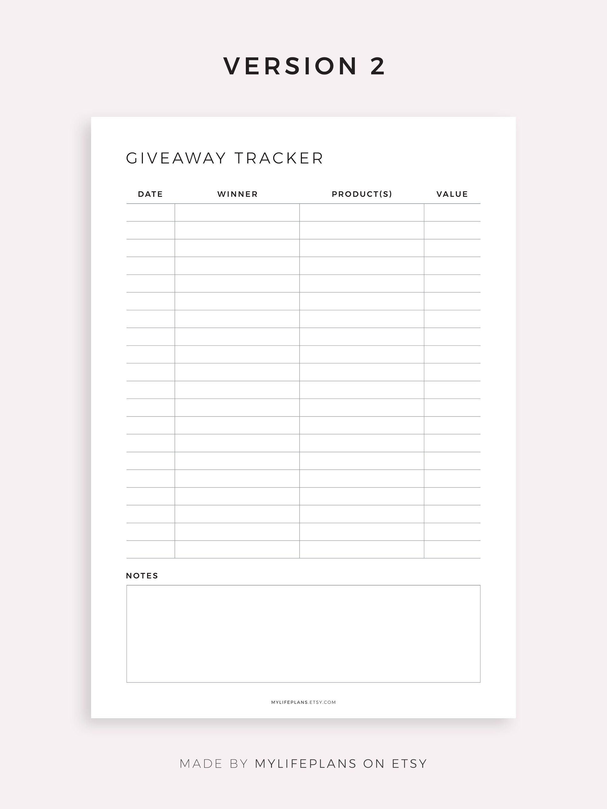Giveaway Tracker Printable Business Giveaway Social Media - Etsy