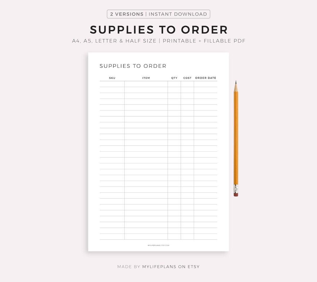 Supplies to Order Tracker Printable, Supplies Management Form, Small ...