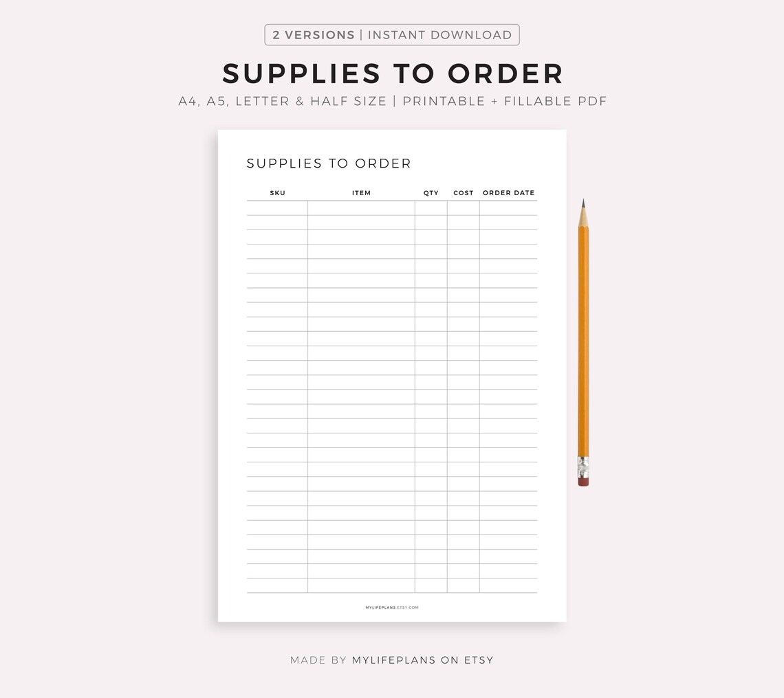 Supplies to Order Tracker Printable, Supplies Management Form, Small ...