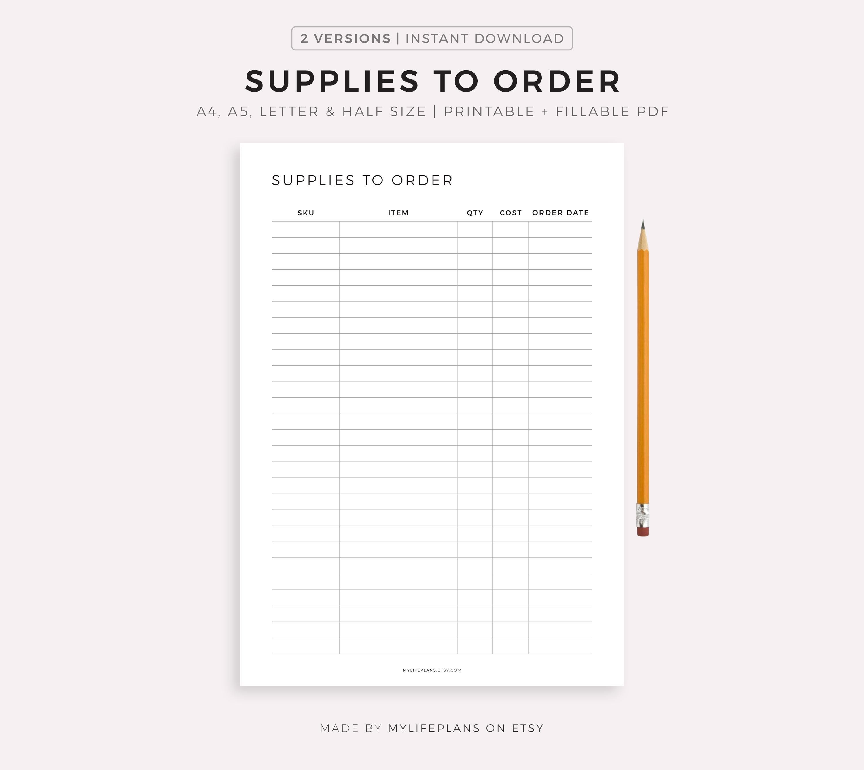 Supplies to Order Tracker Printable, Supplies Management Form, Small ...