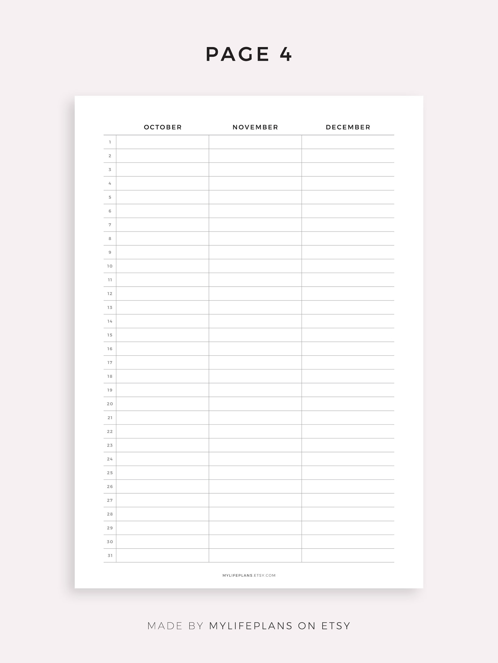 Year Calendar on Four Pages Printable, Quarterly Overview, Yearly ...