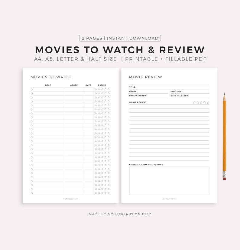 Movies to Watch & Review Page Printable and Fillable PDF, A4/a5/letter ...