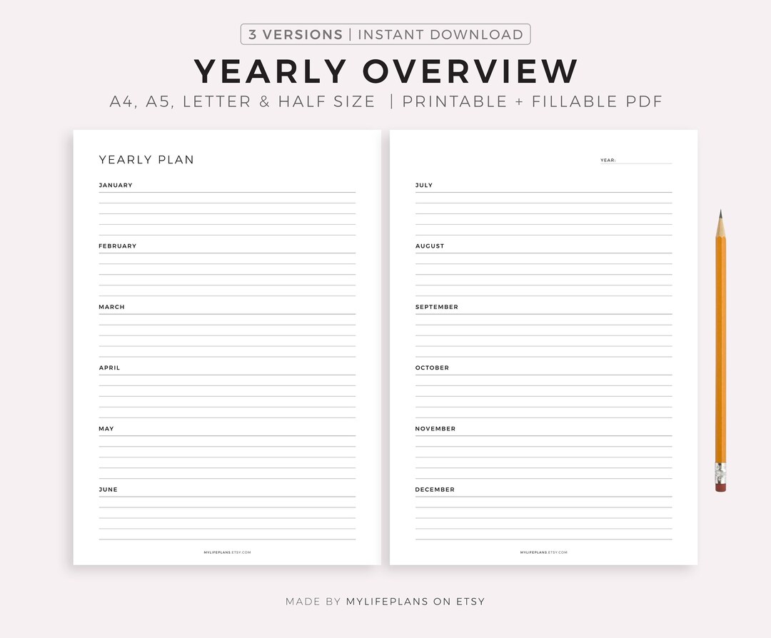 Yearly Overview, Two Page Yearly Planner Printable, Year at a Glance ...
