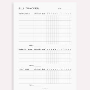 Monthly, Quartly, Yearly Bill Tracker on One Page, Bill Payment ...