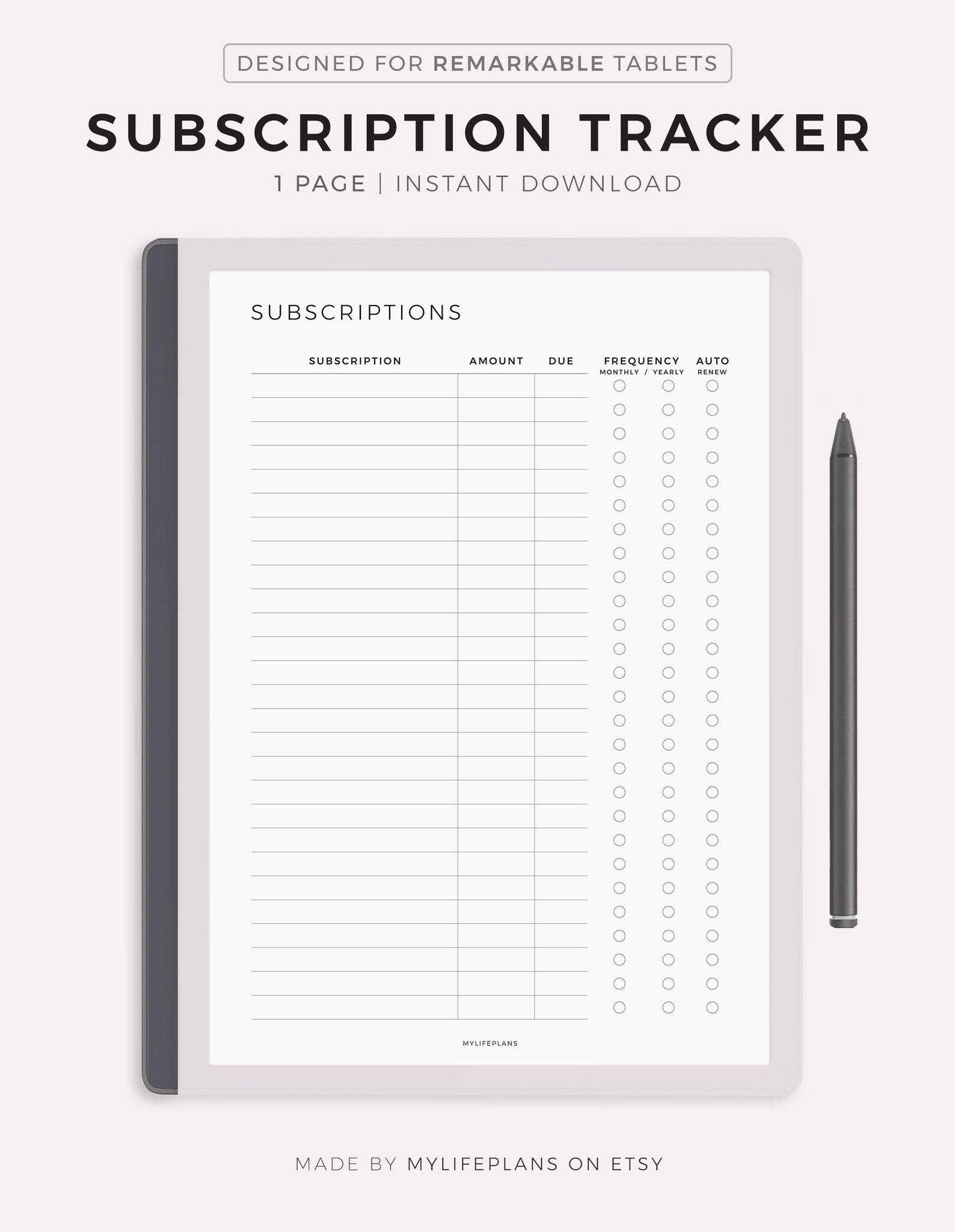 Subscription Tracker for Remarkable 2, Instant Download - Etsy