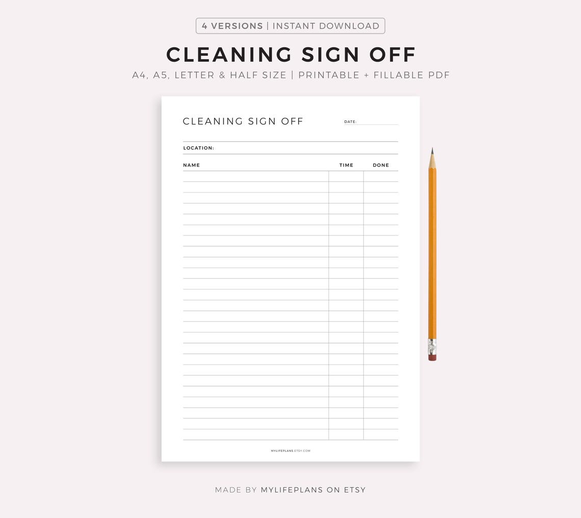 Cleaning Sign off Sheet Printable, Restroom Cleaning, Bathroom Cleaner ...