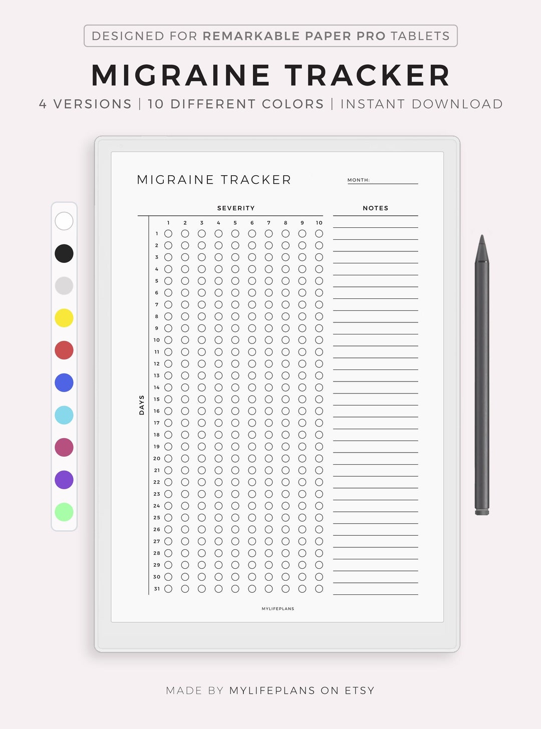 Monthly Migraine Tracker for Remarkable Paper Pro, Headache Pain ...