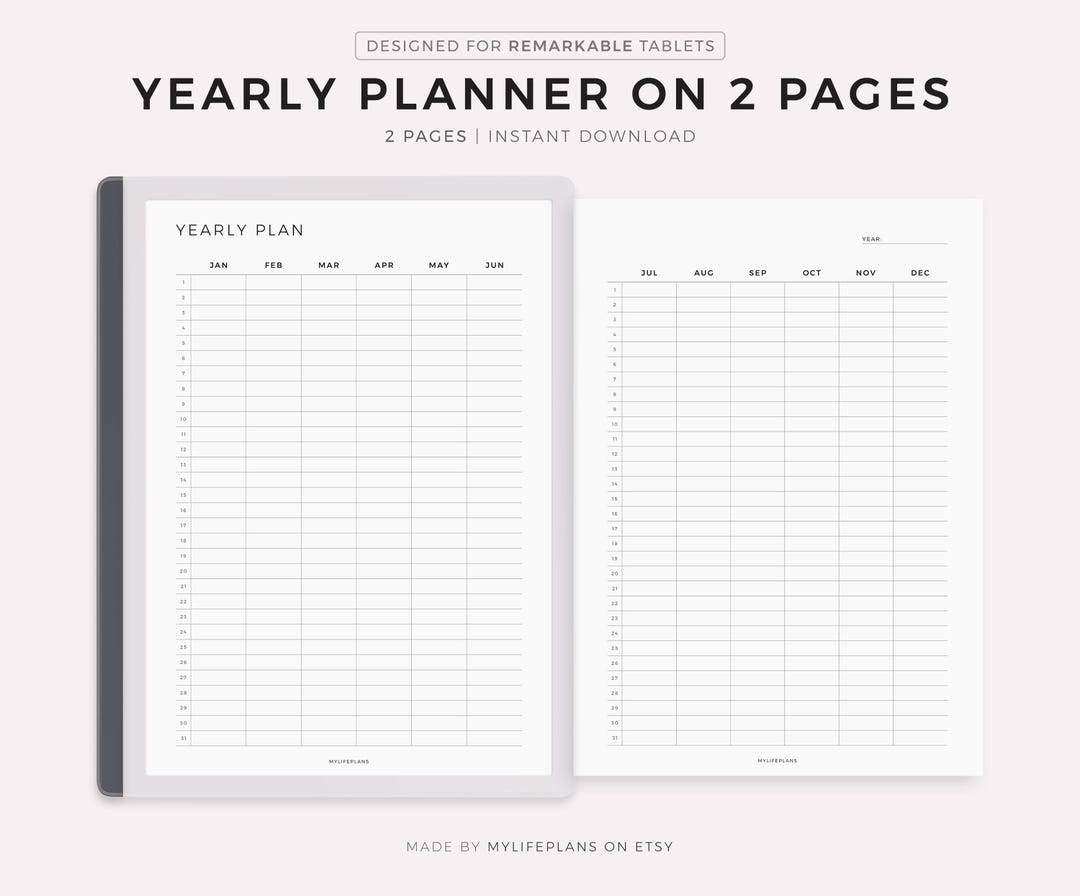 2 Page Yearly Planner, Year at a Glance, Yearly Agenda, 12 Month ...
