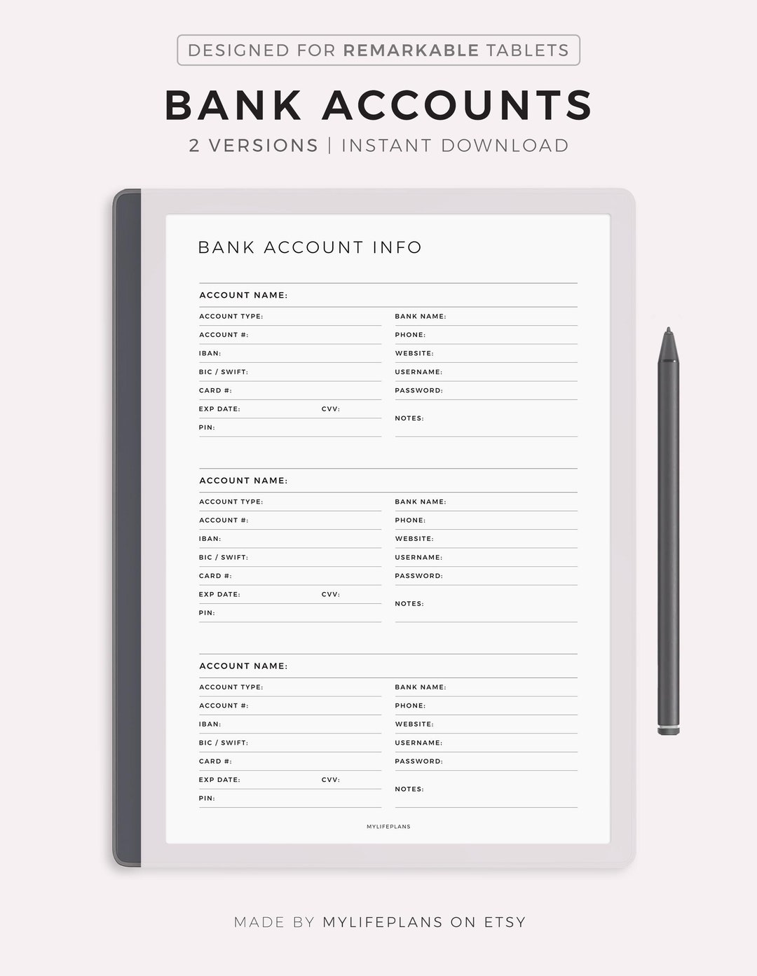 Bank Accounts Tracker for Remarkable 2, Bank Account List, Bank Account ...