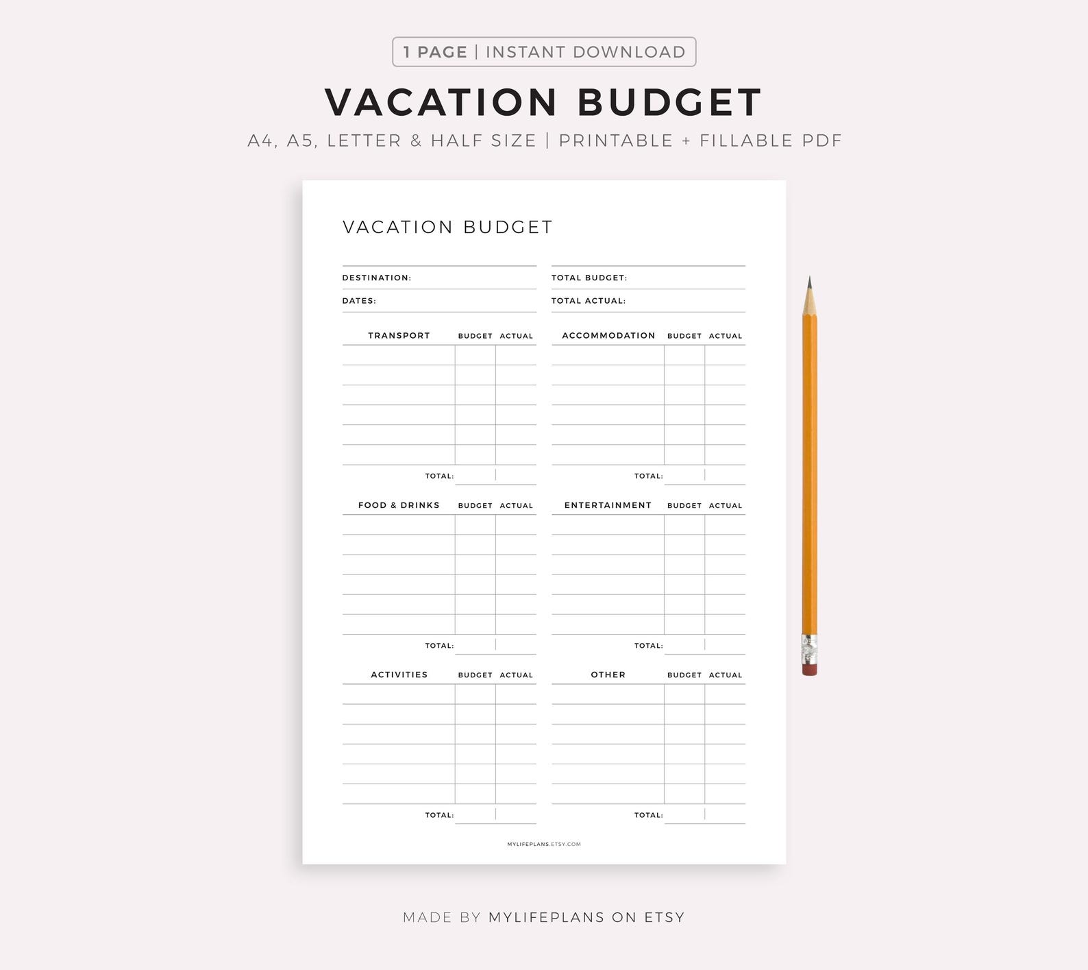 Vacation Budget Planner Printable, Travel Spending Worksheet Template ...
