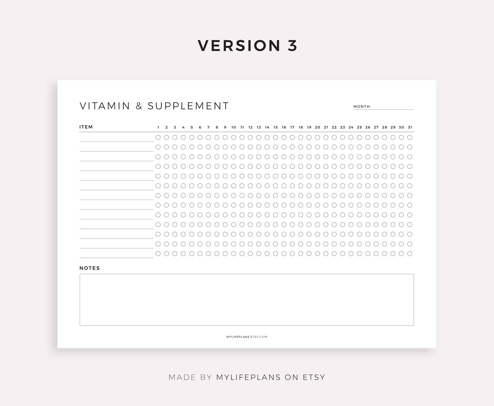 Monthly Vitamin Tracker Printable Landscape, Supplement Checklist ...