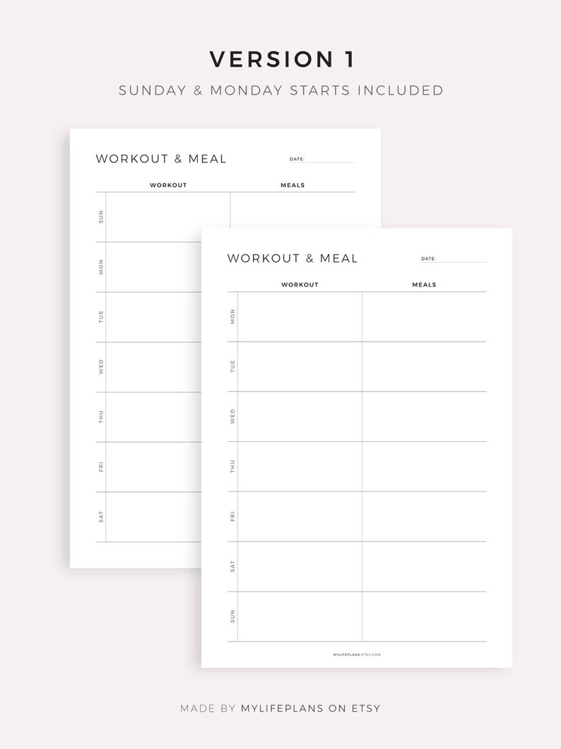 Weekly Workout & Meal Planning Printable, Exercise Planner, Menu ...