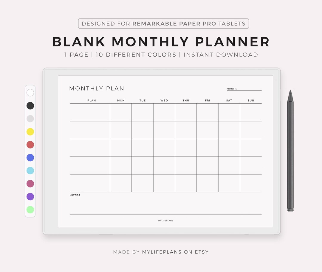 Blank Monthly Planner for Remarkable Paper Pro, Landscape, Instant ...