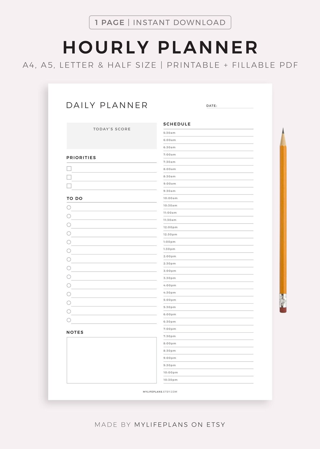 Printable Hourly Planner, Daily Planner, Daily to Do List, Day Planner ...