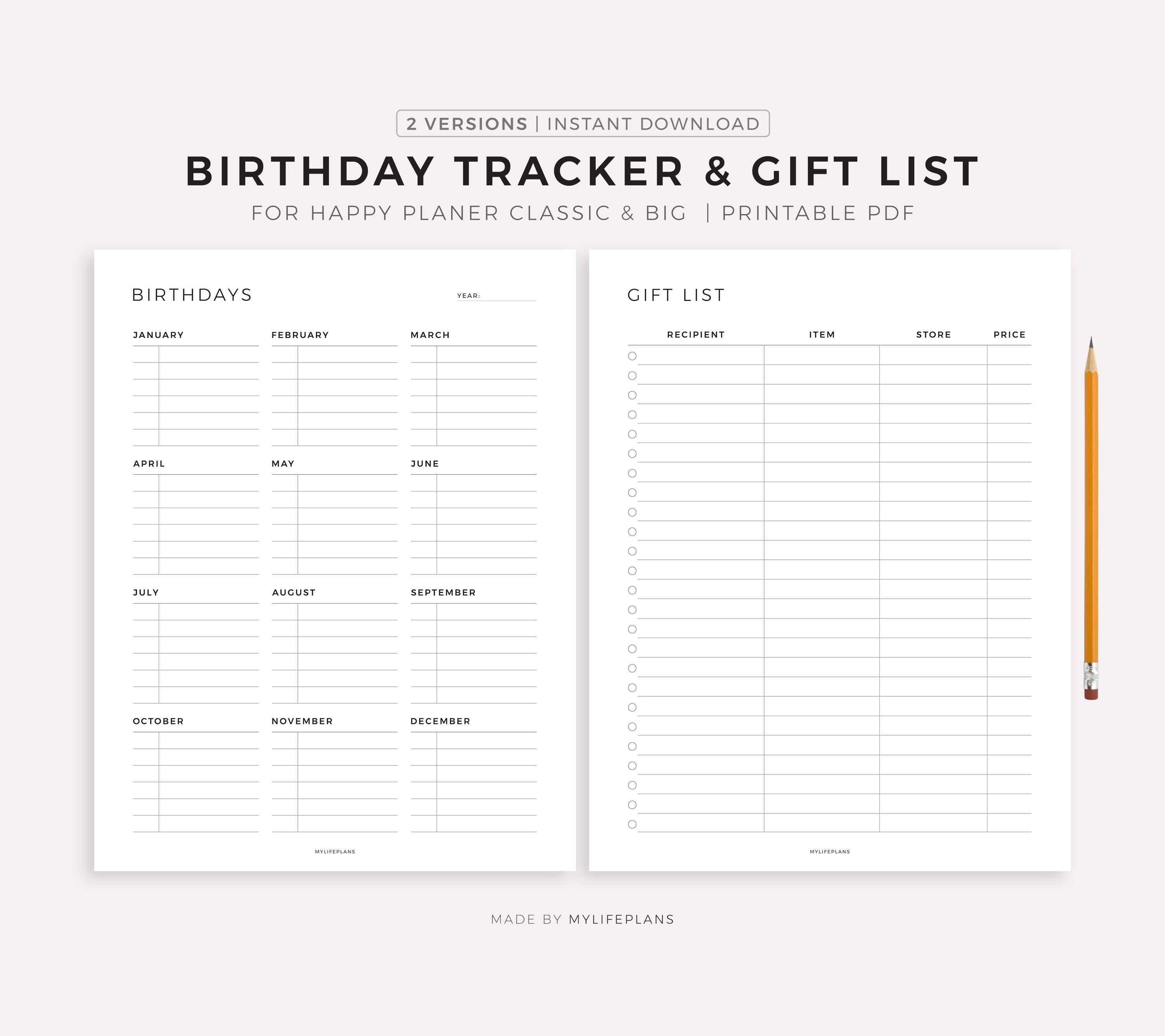 Birthday Tracker & Gift List Printable for Happy Planner Classic and ...