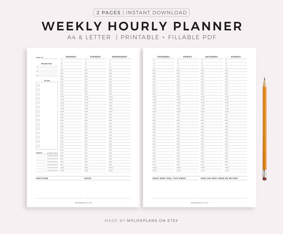 Weekly Hourly Planner Printable, Weekly Schedule, Daily Planner, Weekly ...