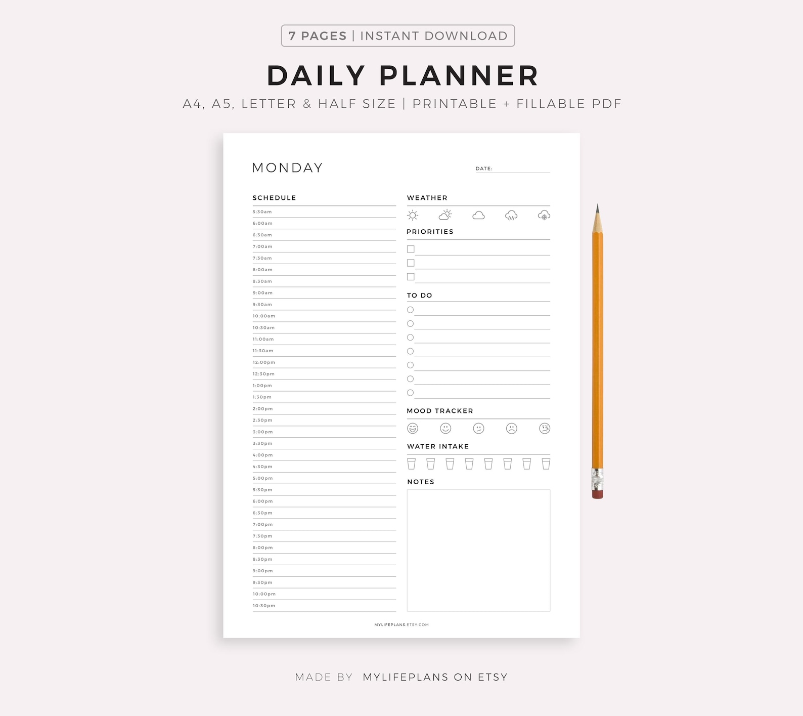 Printable 7 Day Planner, Daily Planner, Weekly Planner, Half Hourly ...