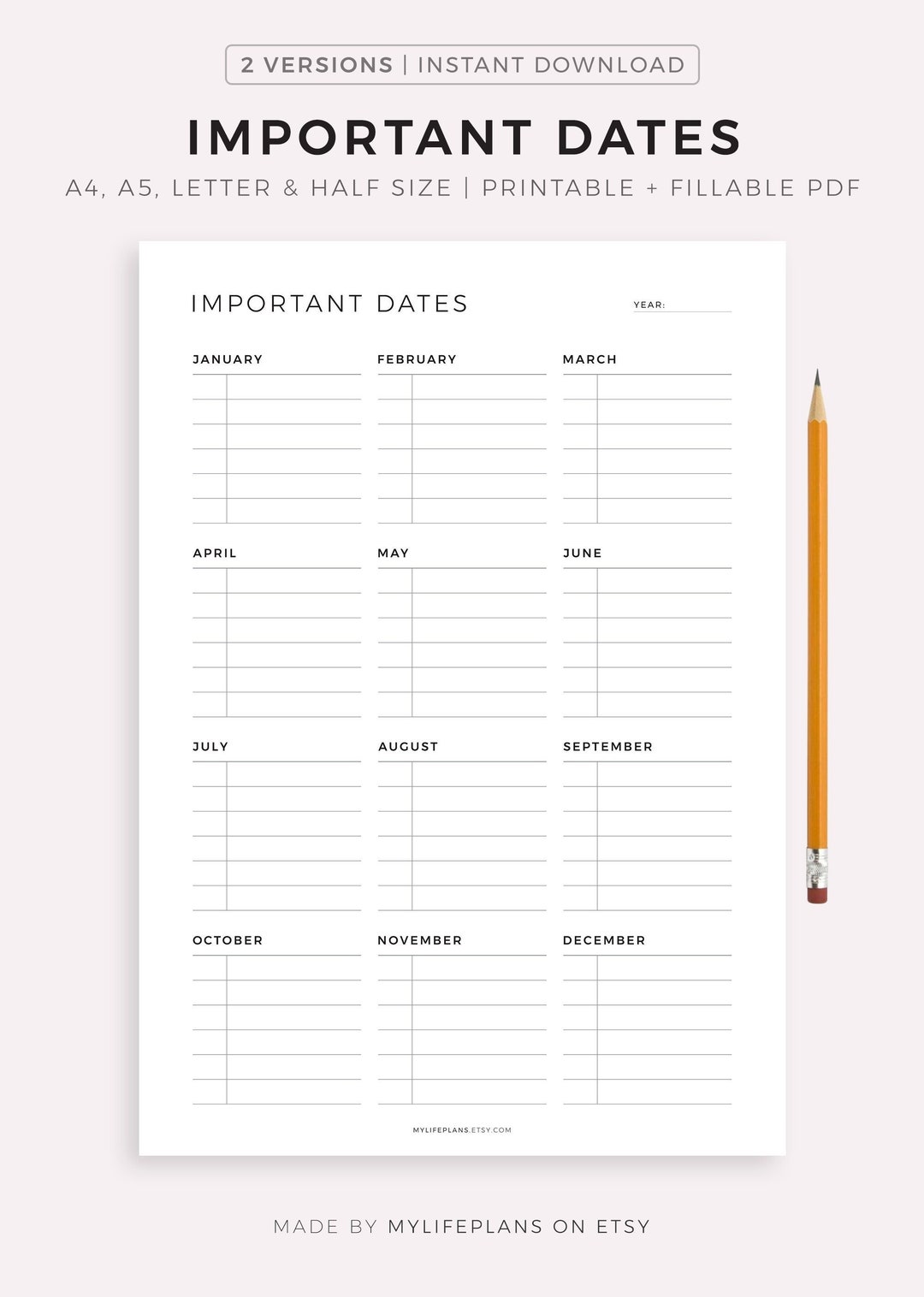 Yearly Important Dates Printable - Birthdays, Anniversaries, Travels ...